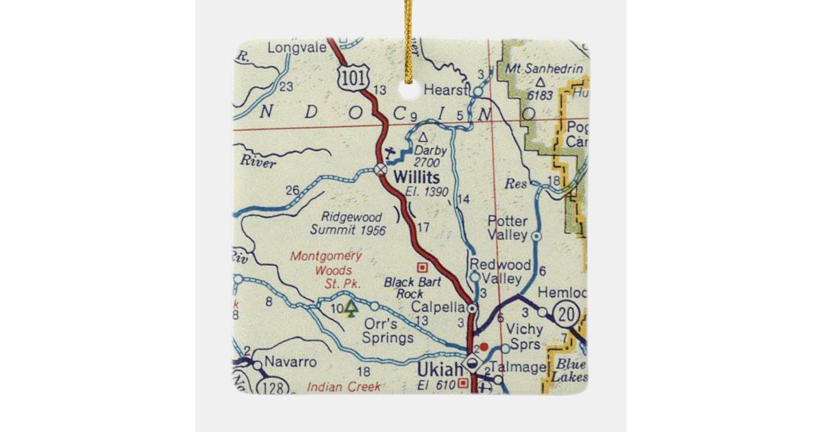 Willits CA Retro Map Ceramic Ornament | Zazzle