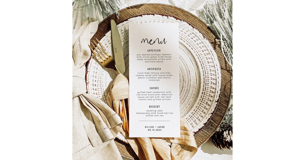 WILLOW Simple Modern Black White Menu Cards | Zazzle