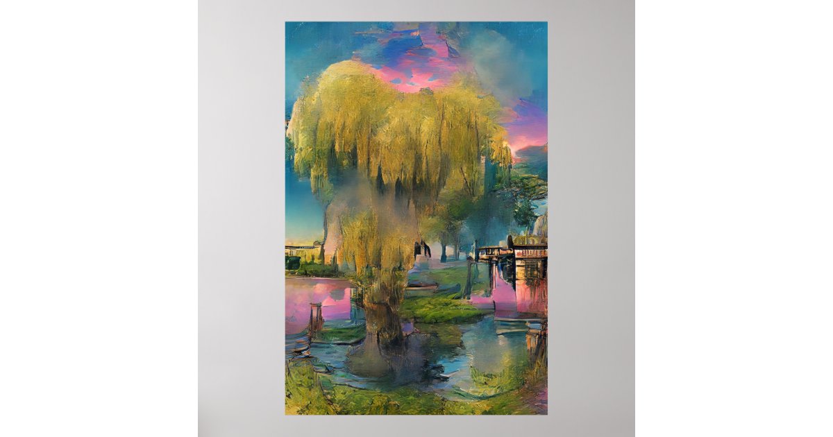 Willow tree at sunset by the pond poster | Zazzle