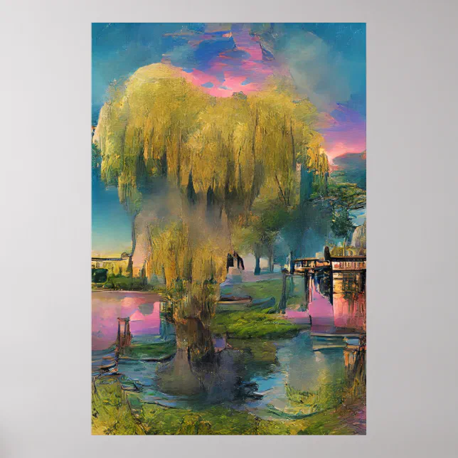 Willow tree at sunset by the pond poster | Zazzle