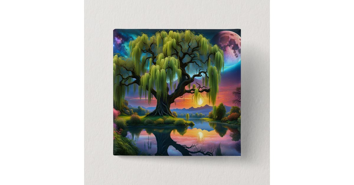 Willow tree under a Full Moon N Starry sky Sunset Button | Zazzle