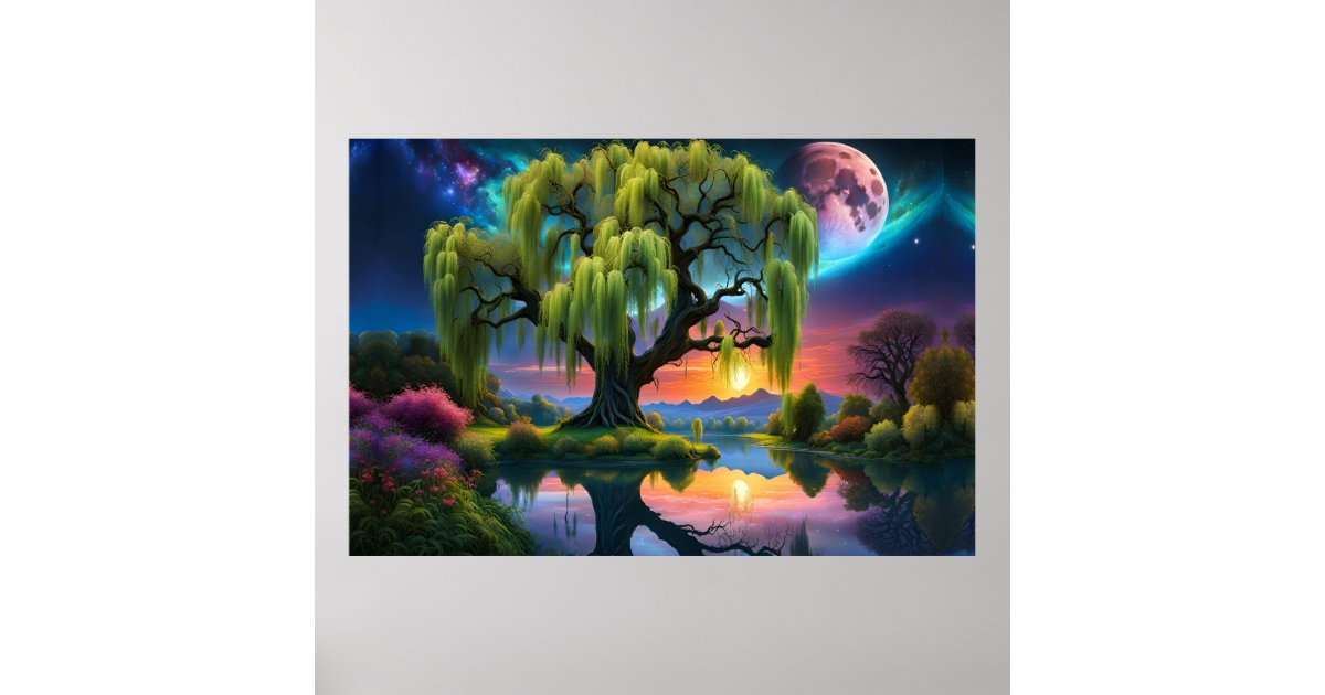Willow tree under a Full Moon N Starry sky Sunset Poster | Zazzle