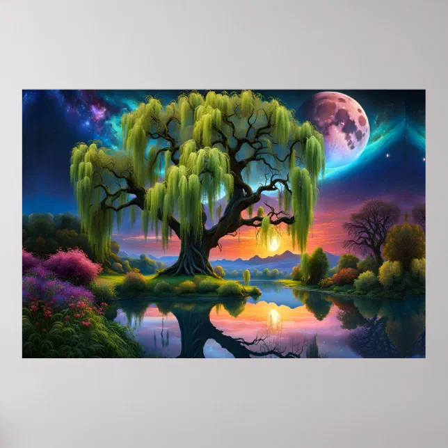 Willow tree under a Full Moon N Starry sky Sunset Poster | Zazzle