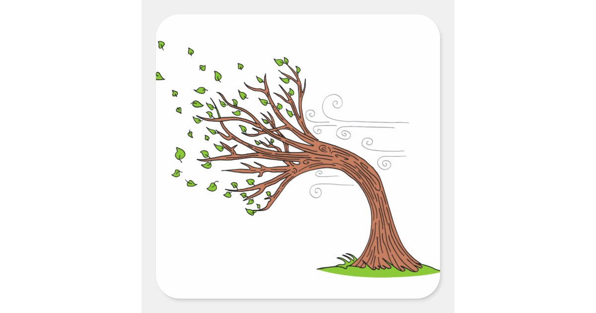 Wind Blowing Tree Cartoon Square Sticker | Zazzle