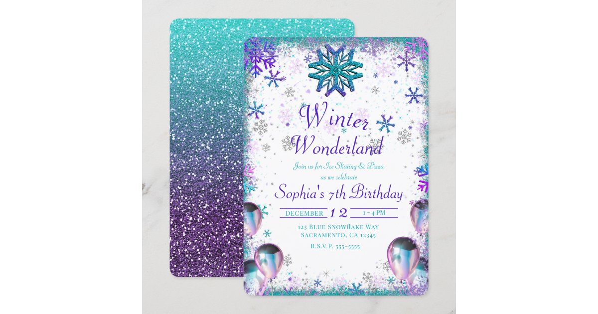 Winder Wonderland Teal Purple Birthday Party Invitation | Zazzle