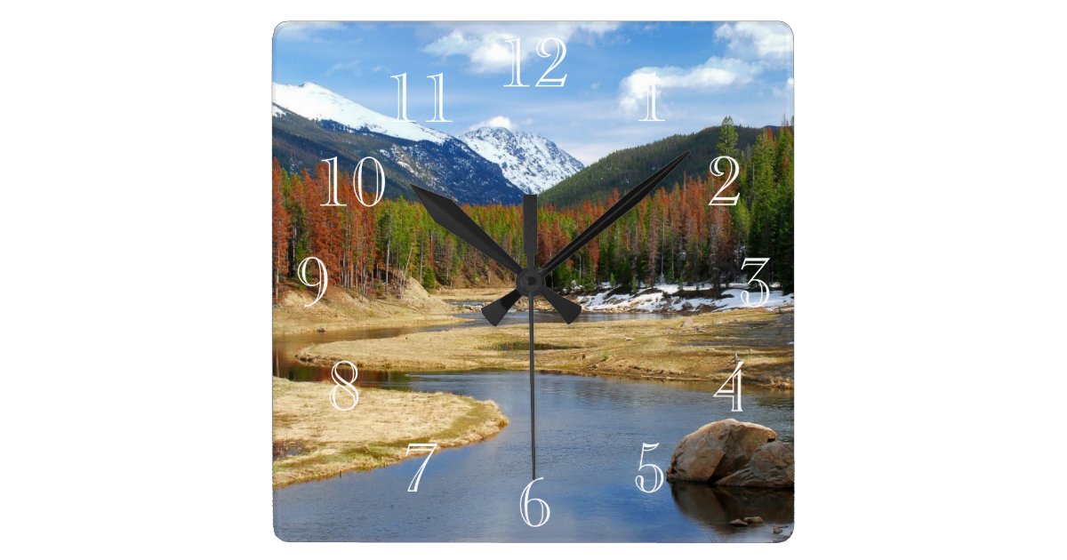 Winding Colorado River With Mountains and Pines Square Wall Clock ...