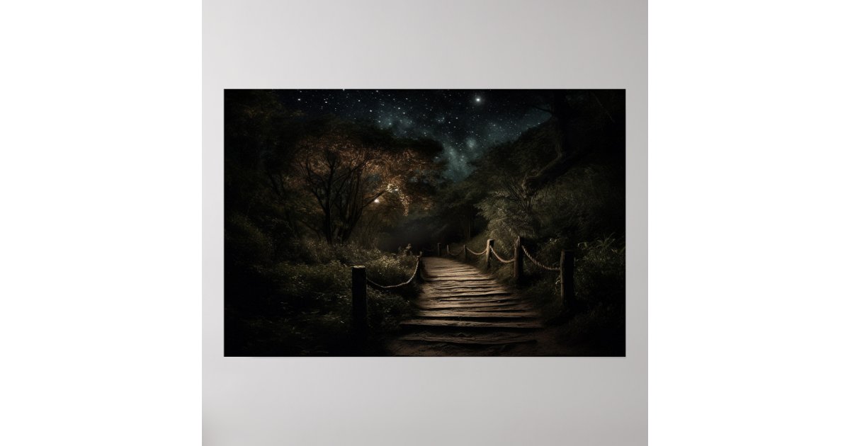 Winding timber path through valley forest at night poster | Zazzle