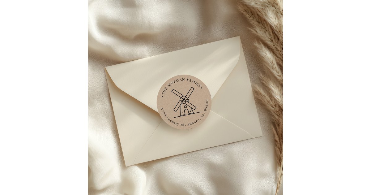 Windmill Illustration Return Address Monogram Classic Round Sticker ...