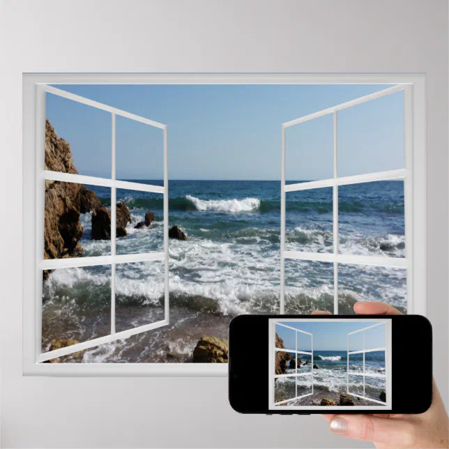 Window Frame with Rocky Ocean Coast and Waves Poster | Zazzle