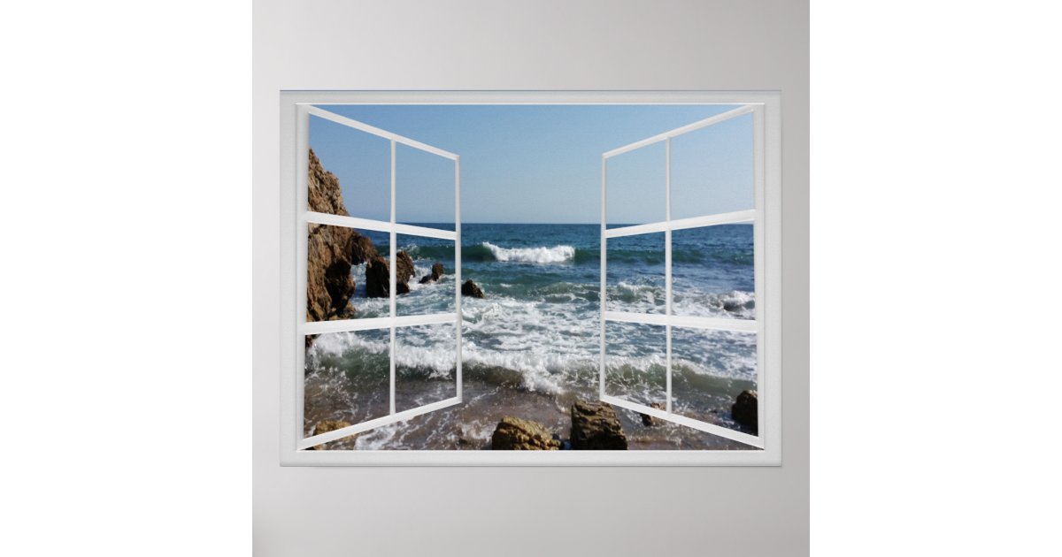 Window Frame with Rocky Ocean Coast and Waves Poster | Zazzle