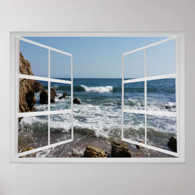 Window Frame with Rocky Ocean Coast and Waves Poster | Zazzle