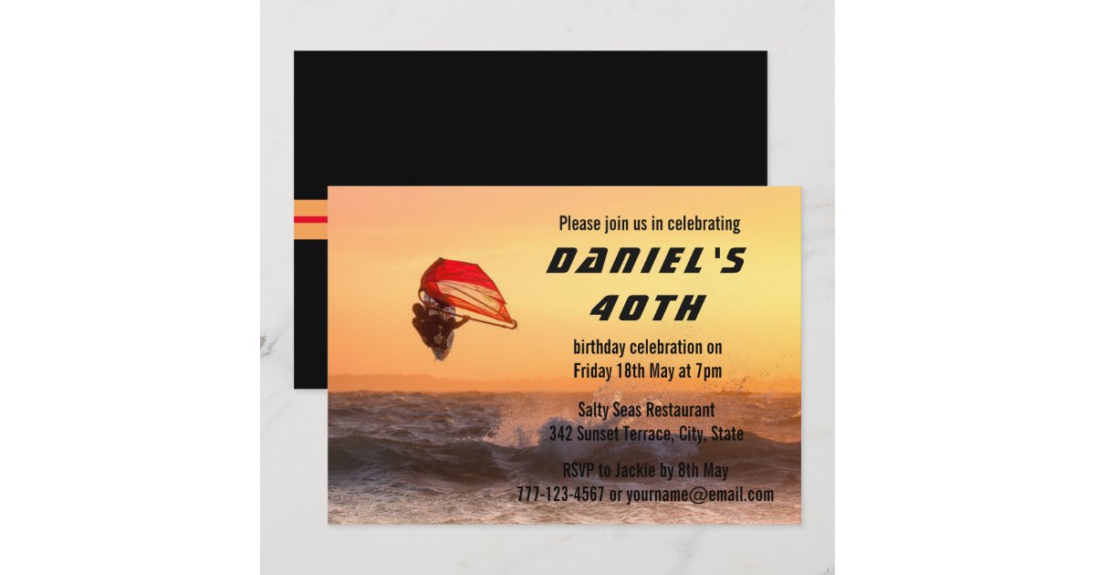 Windsurfing At Sunset Surfer Sailboarding Custom Invitation | Zazzle