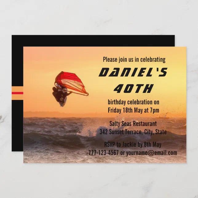 Windsurfing At Sunset Surfer Sailboarding Custom Invitation | Zazzle