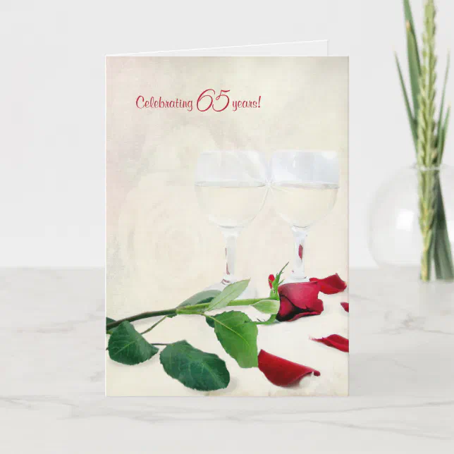 wine and red rose for 65th anniversary card | Zazzle