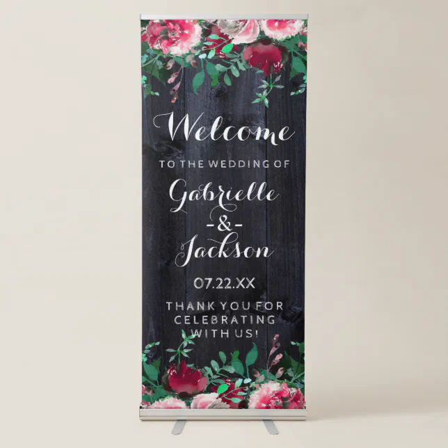 Wine Blush & Navy Wood Burgundy Wedding Welcome Retractable Banner | Zazzle