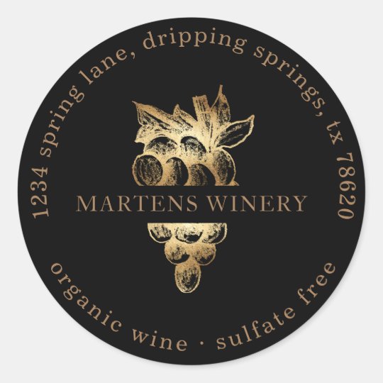 wine business winery gold grapes return address classic round sticker ...