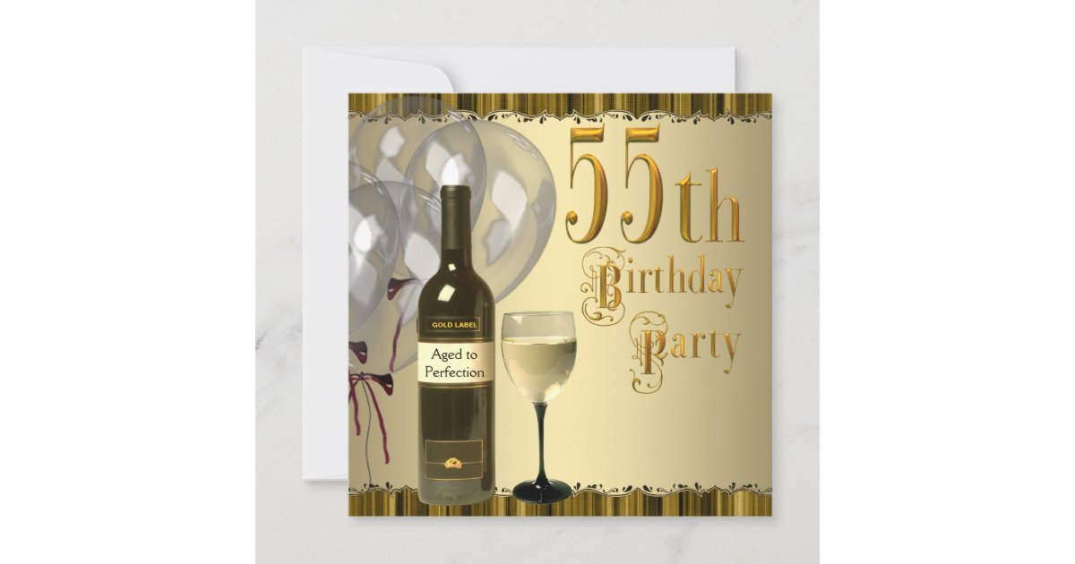Wine Glass Bottle Gold 55th Birthday Party Invitation | Zazzle