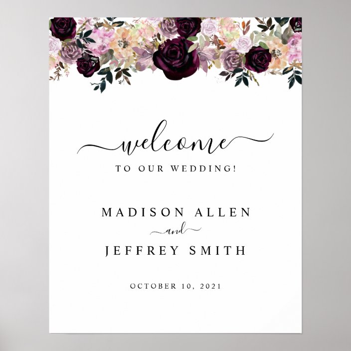Wine Plum & Mauve Fall Floral Wedding Welcome Sign | Zazzle.com
