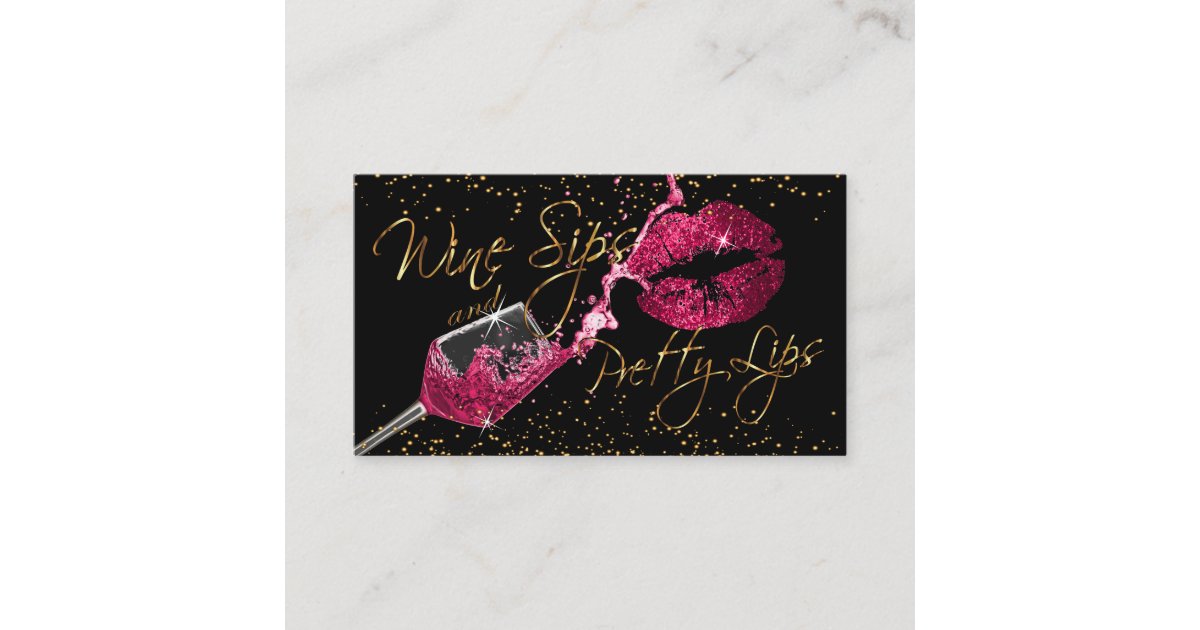 Wine Sips and Pretty Lips - Dark Pink Business Card | Zazzle