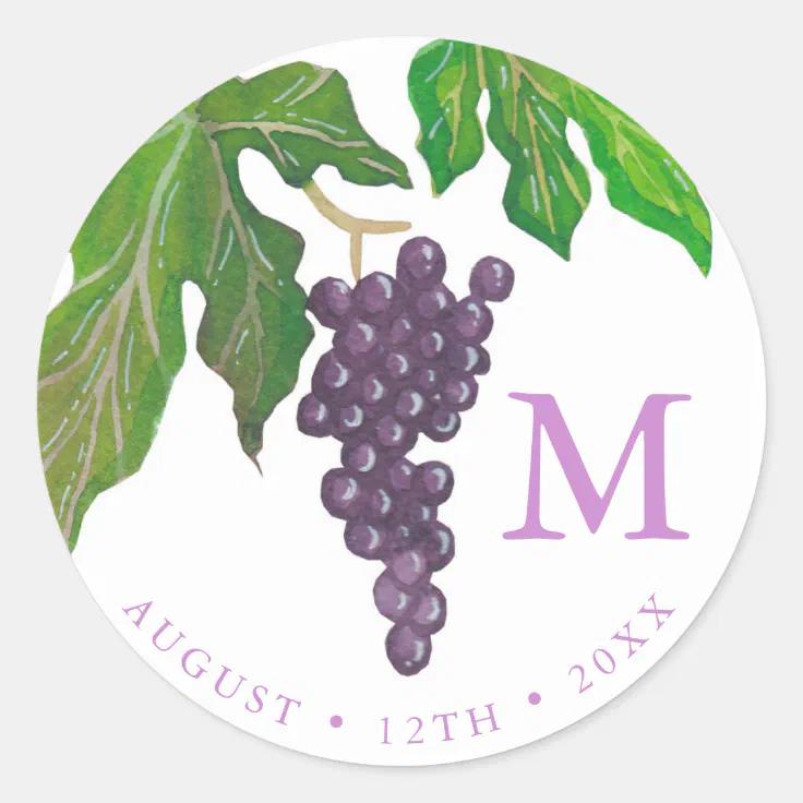 Wine Tasting Party Grapes Monogram Classic Round Sticker | Zazzle