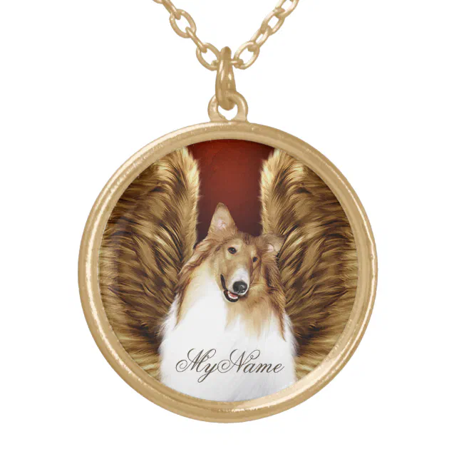 Winged Sable Collie Angel on Purple Gold Plated Necklace | Zazzle