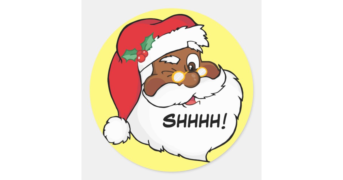 Winking Black Santa Keeping Christmas Secrets Classic Round Sticker ...