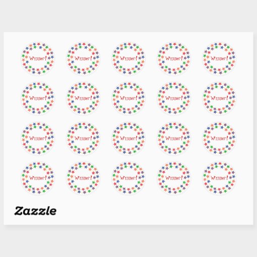 Winner!, stickers, with colorful stars classic round sticker | Zazzle