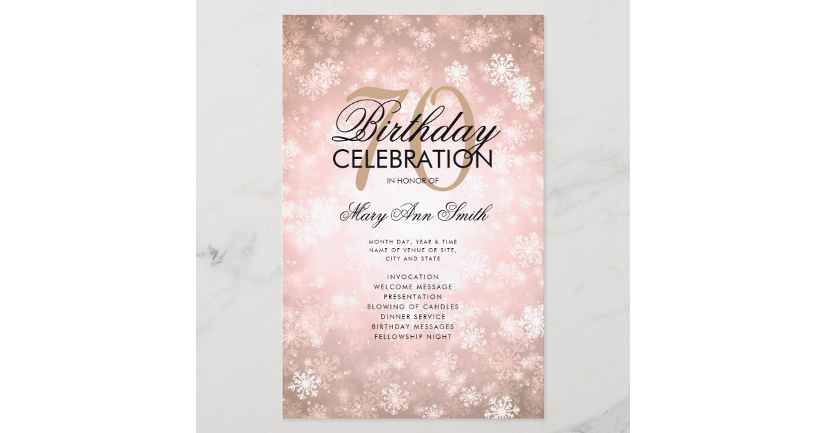 Winter 70th Birthday Program Rose Gold Wonderland | Zazzle