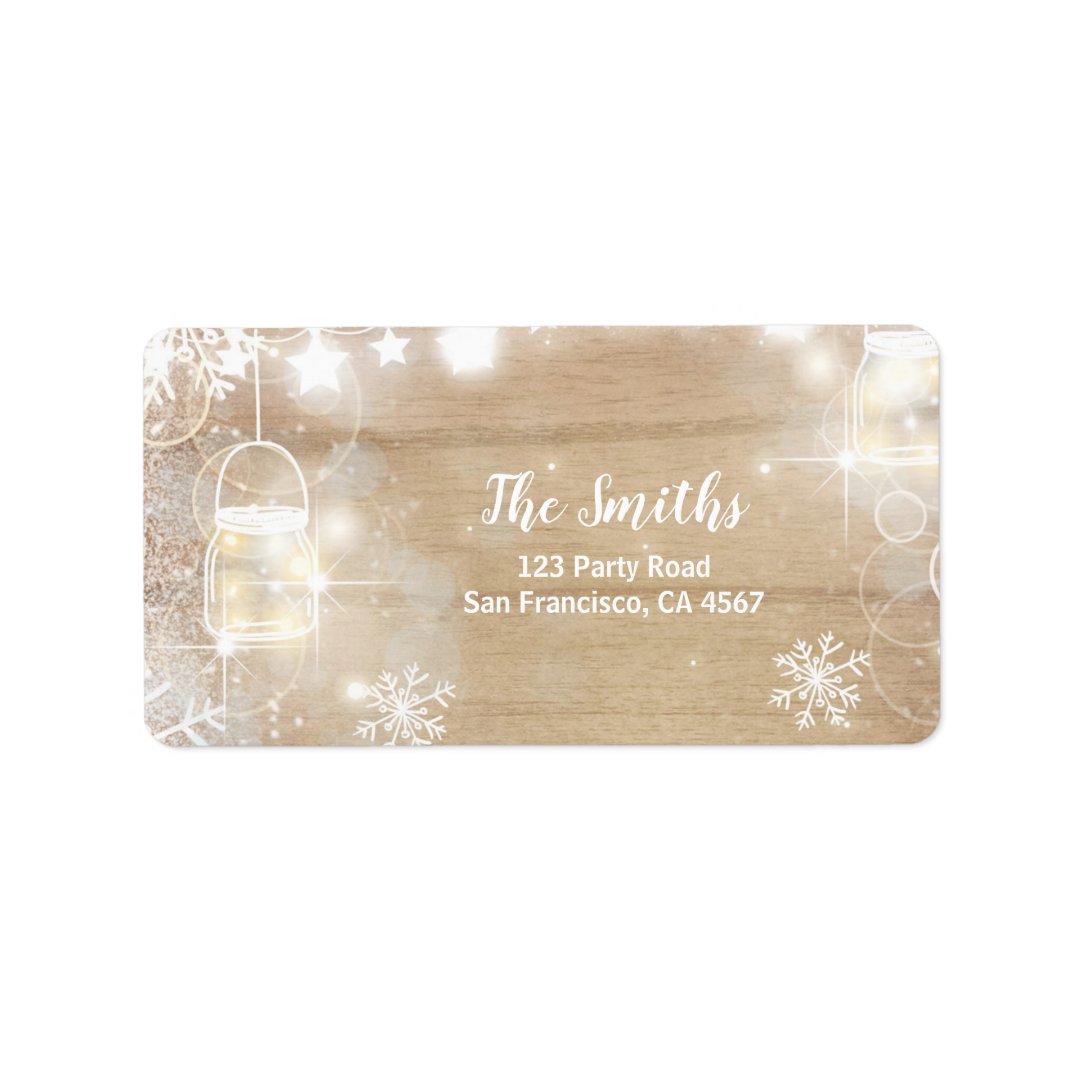 Winter Address Label snowflakes Rustic lights Wood | Zazzle