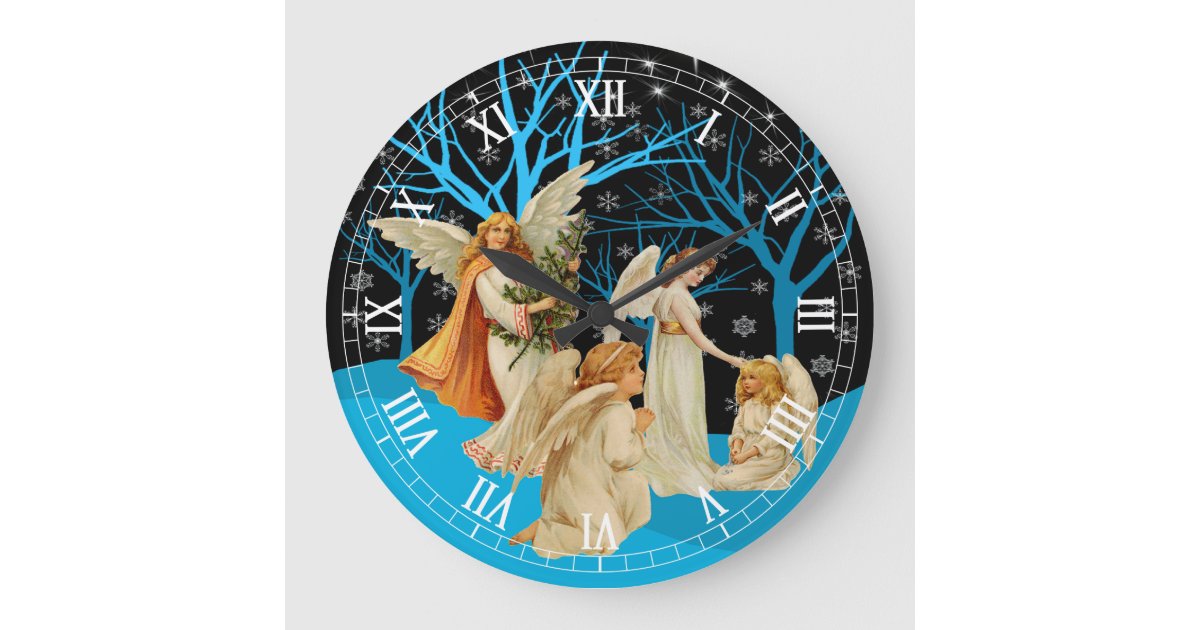 Winter Angels Round Roman Numerals Clock | Zazzle