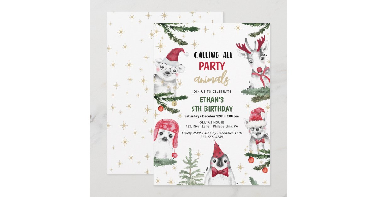 Winter Animals Birthday Christmas Funny Invitation | Zazzle