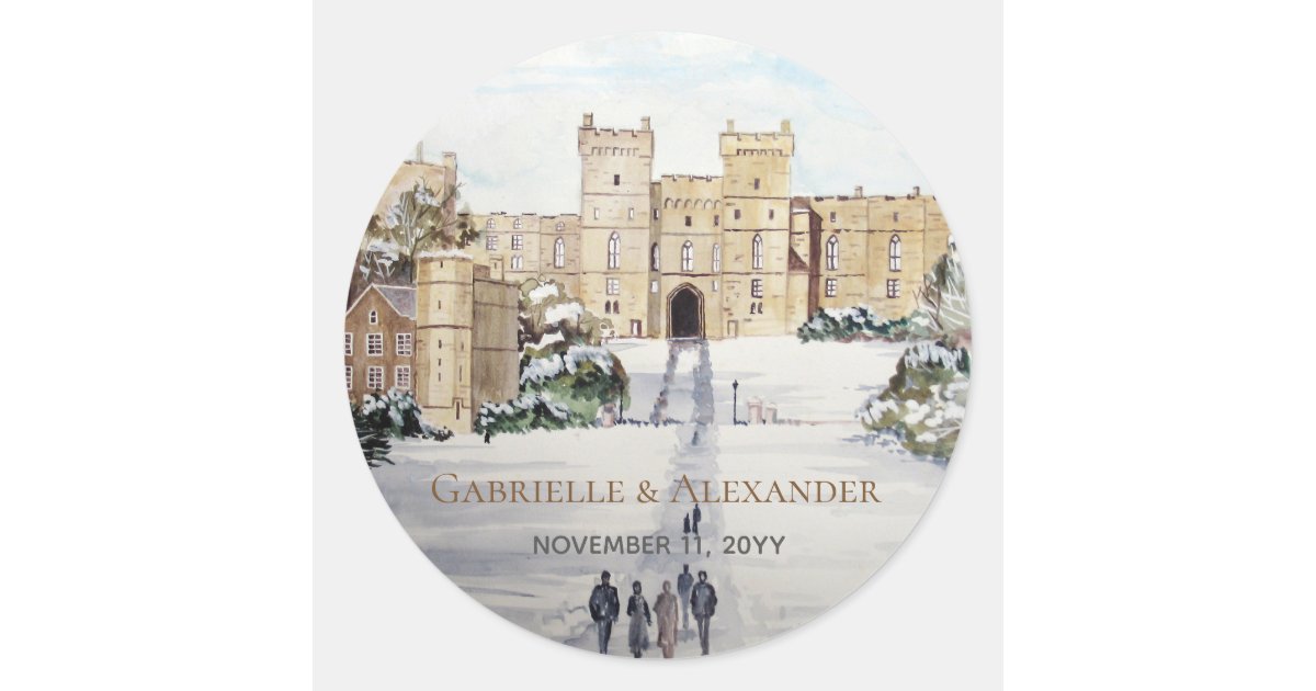 Winter at Windsor Castle Painting Wedding Classic Round Sticker | Zazzle