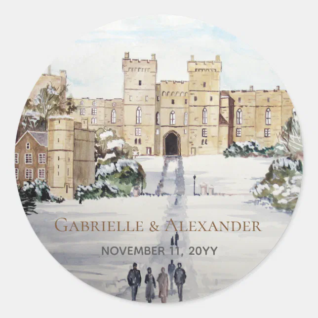 Winter at Windsor Castle Painting Wedding Classic Round Sticker | Zazzle