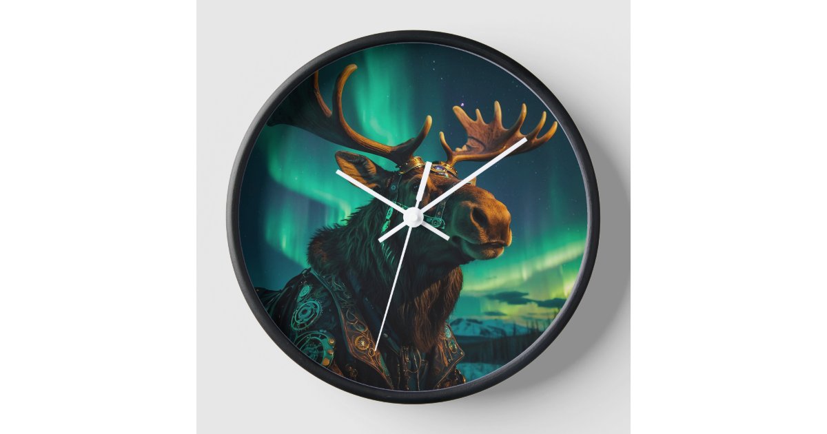 Winter Aurora & Steampunk Moose Wildlife Art Clock | Zazzle