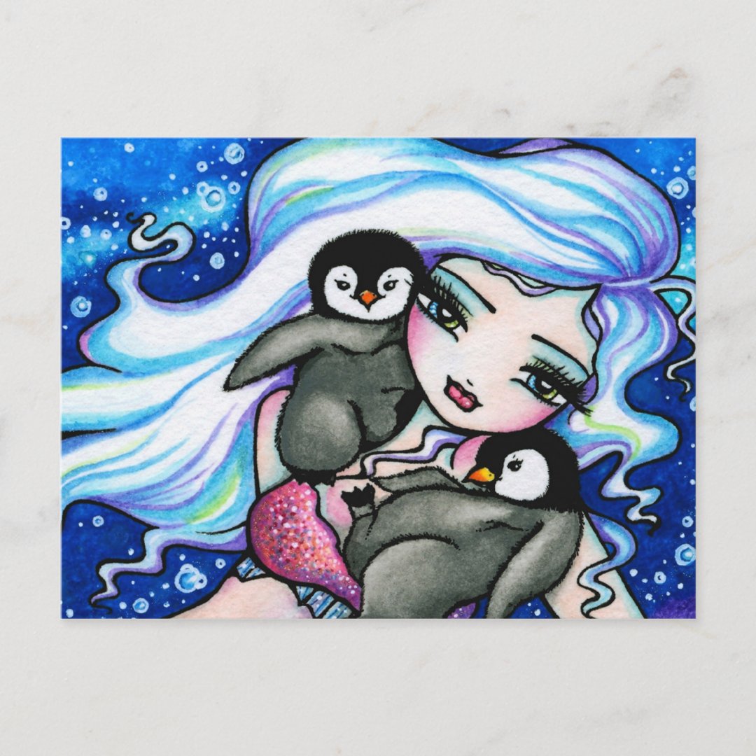 Winter Baby Penguins Mermaid Fantasy Art Postcard | Zazzle