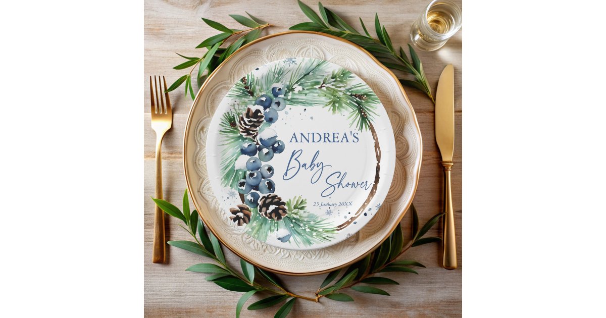 Winter baby shower pines wreath monogrammed paper plates | Zazzle