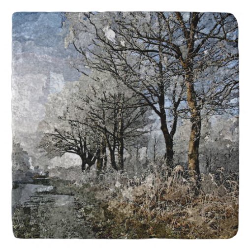 Winter Bayou Trees Landscape Watercolor Painting Trivet | Zazzle