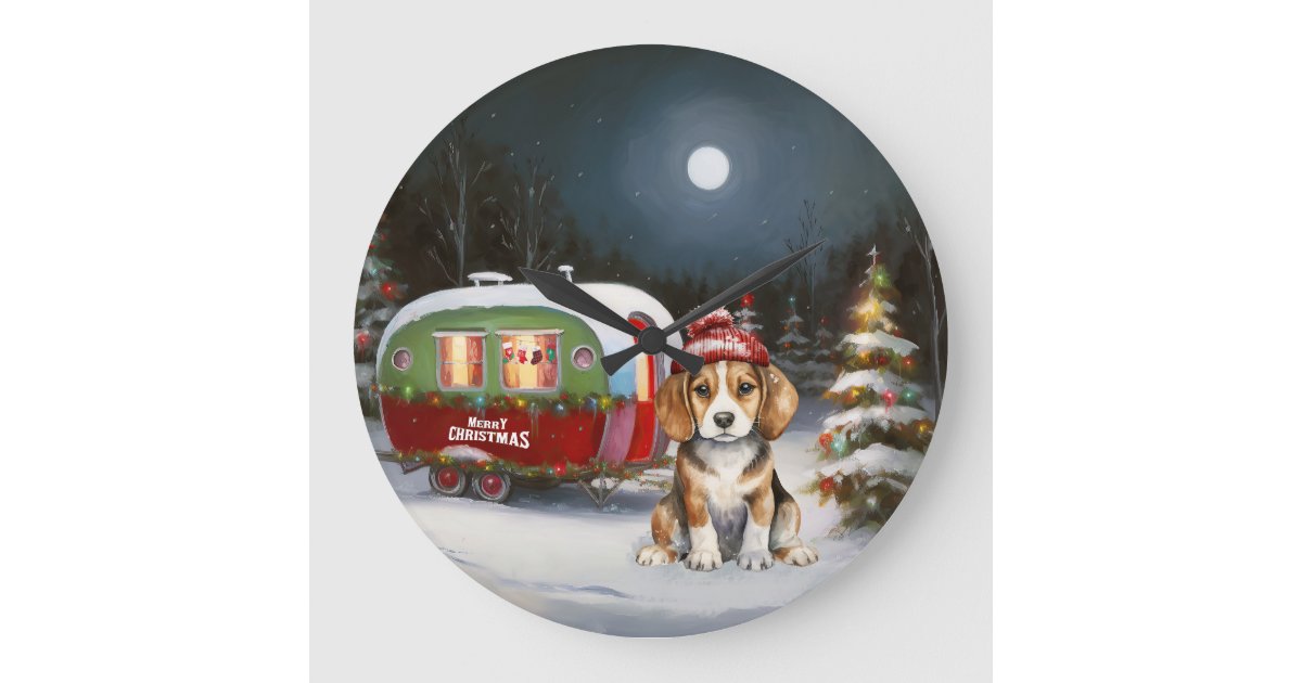 Winter Beagle Caravan Christmas Adventure Large Clock | Zazzle
