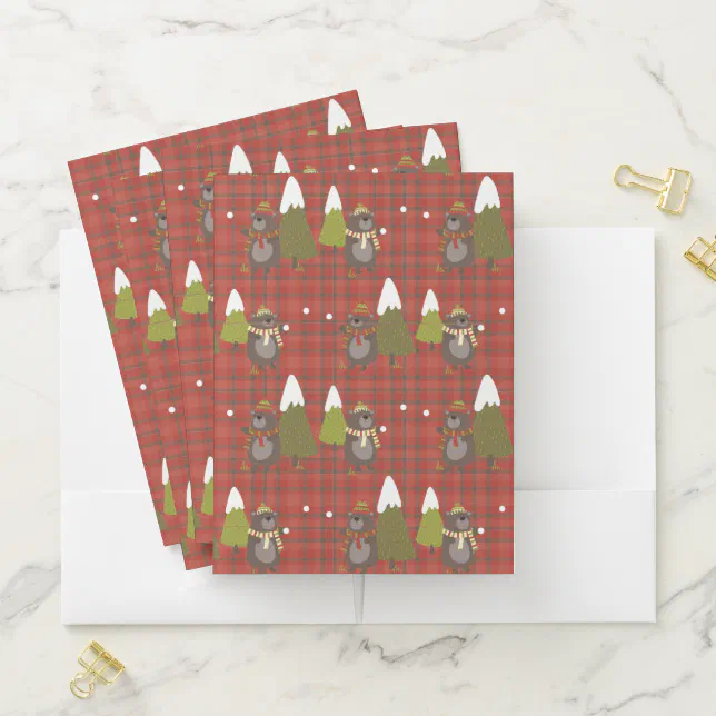 Winter Bear White Christmas Red Buffalo Plaid Pocket Folder | Zazzle