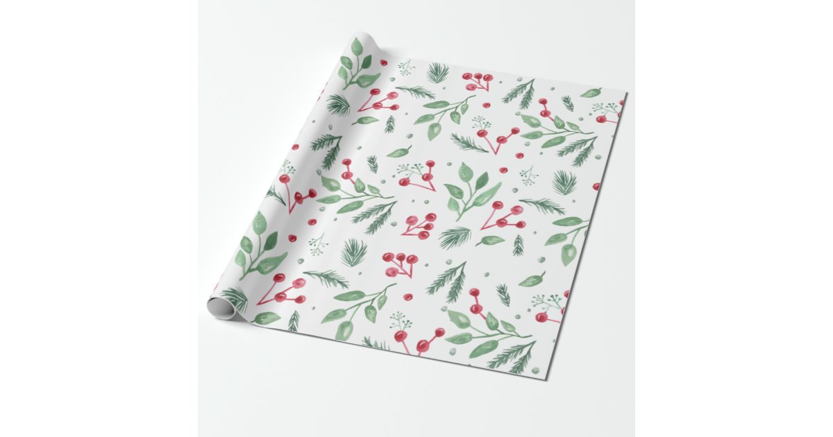 Winter Berries Greenery Watercolor Holiday Wrapping Paper | Zazzle.com
