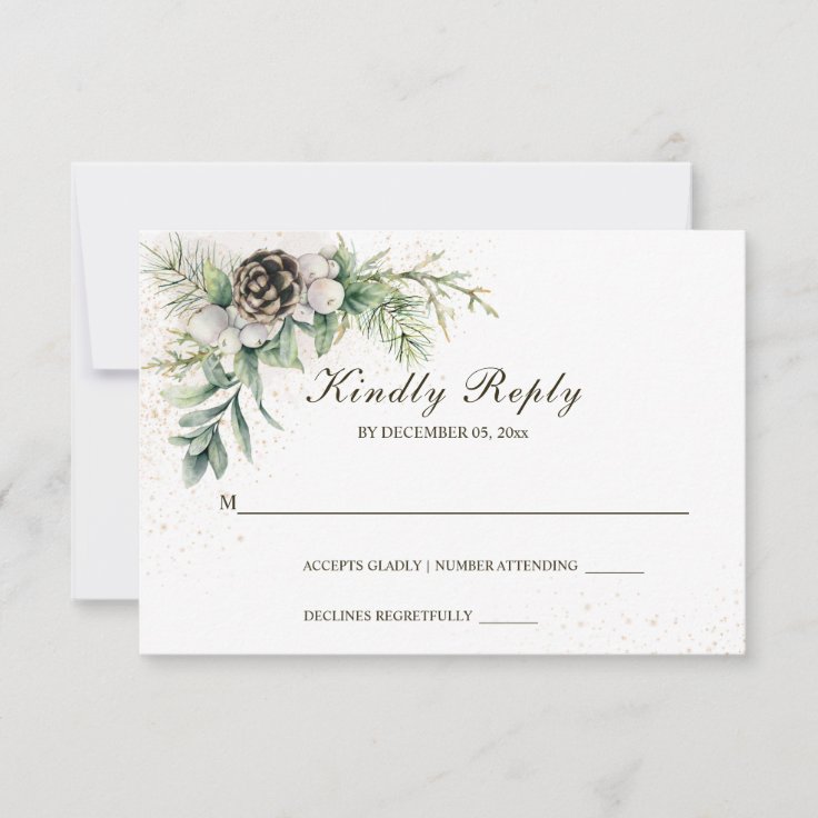 Winter Berries Pine Greenery Wedding RSVP Card | Zazzle