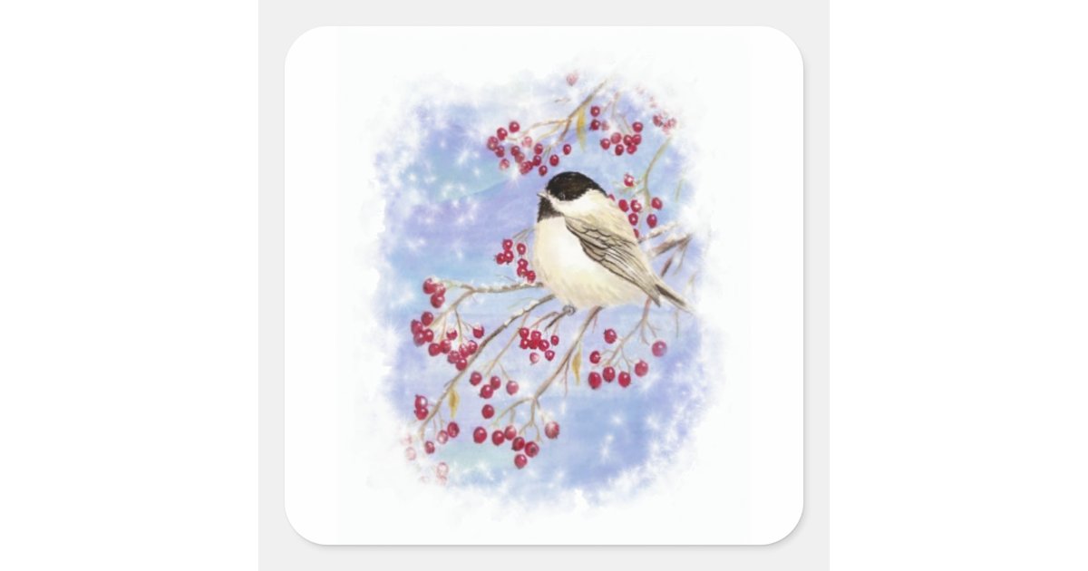 Winter Bird through Snowy Window. Christmas Scene Square Sticker | Zazzle