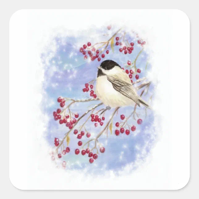 Winter Bird through Snowy Window. Christmas Scene Square Sticker | Zazzle