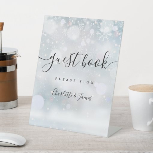 Winter Black Signature Script Guest Book Pedestal Sign | Zazzle