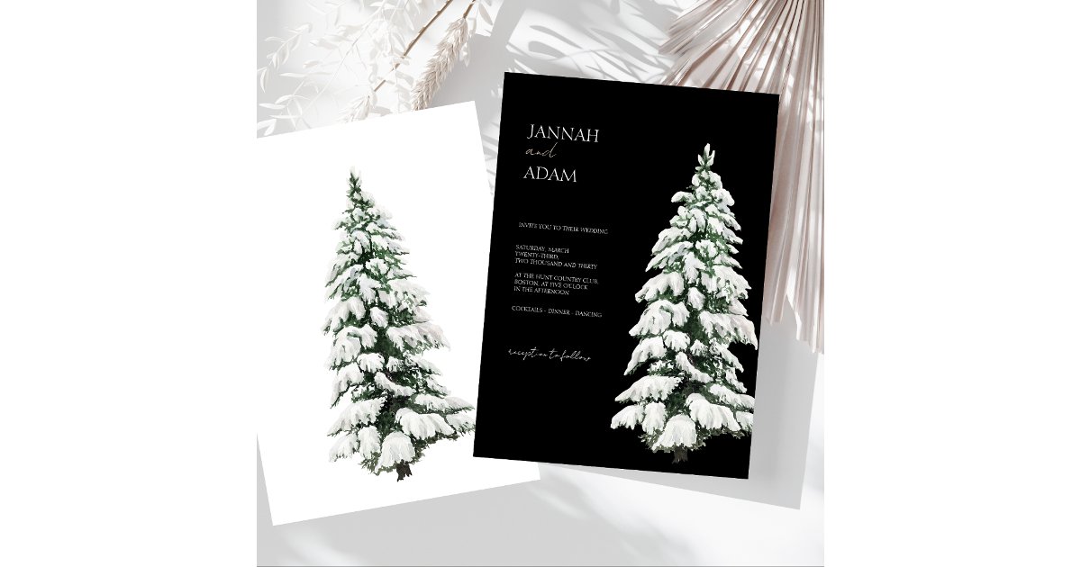 Winter Black Snow Christmas Tree Wedding Invitation | Zazzle