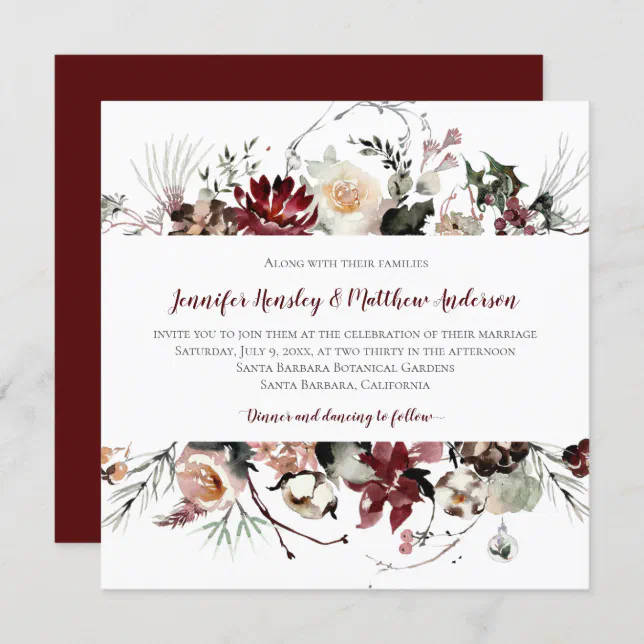 Winter Blooms - Burgundy Text Wedding | Invitation | Zazzle