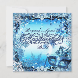 Winter Blue Masquerade Mask & Snowflakes Elegant Invitation | Zazzle