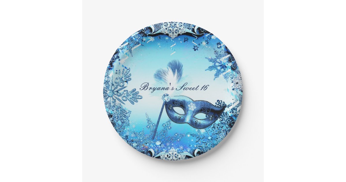 Winter Blue Masquerade Mask & Snowflakes Elegant Paper Plates | Zazzle