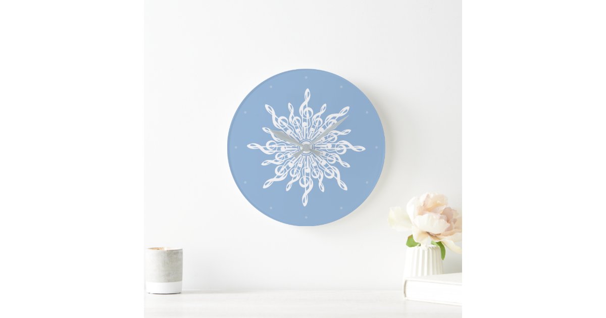 Winter Blue Ornamental Treble Clef Snowflake Large Clock | Zazzle
