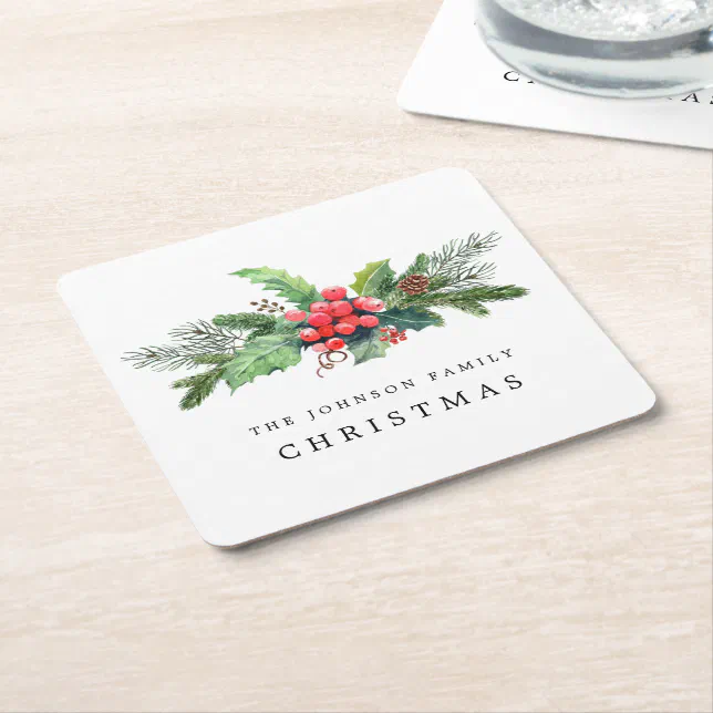 Winter Botanical Greenery Watercolor Personalized Square Paper Coaster ...